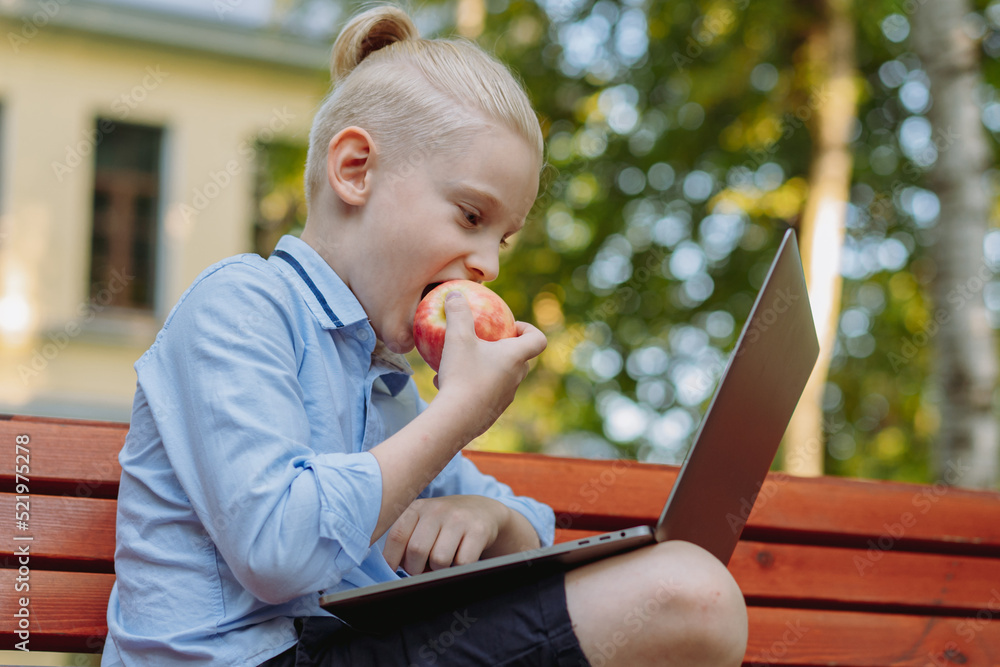 cute caucasian boy sitting on bench in park with laptop computer eating ...