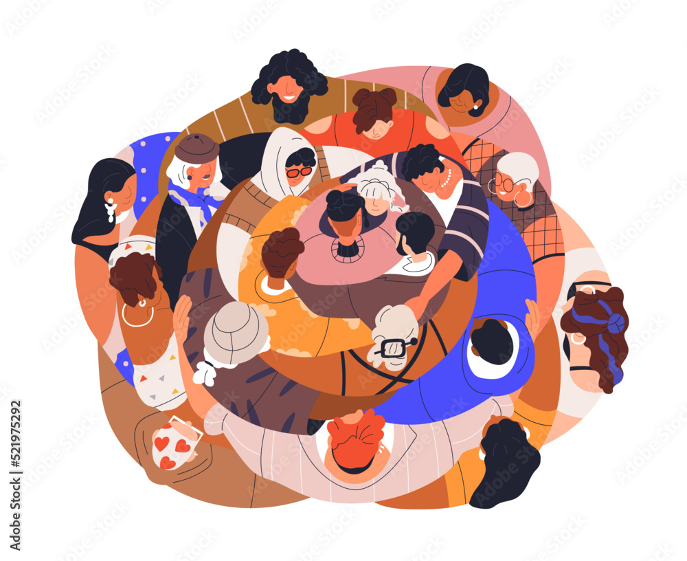 Diverse united people group hug together, top view. Social community ... Diverse united people group hug together, top view. Social community ...
