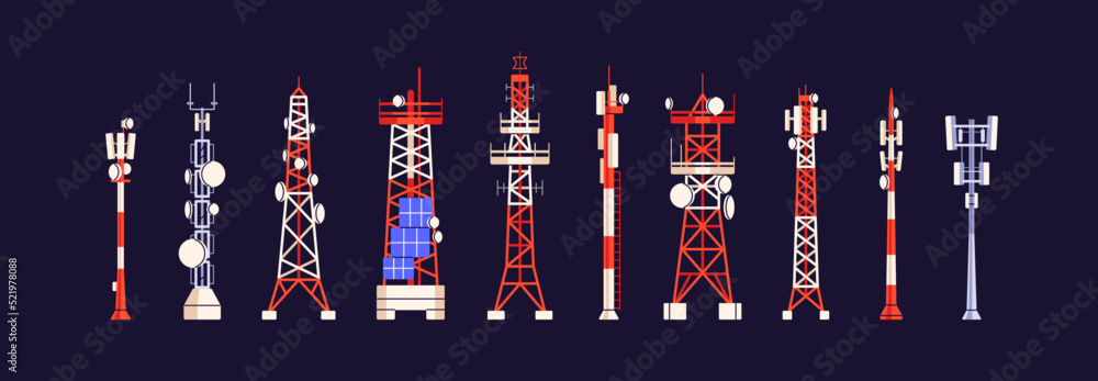 Radio masts, antenna towers set for telecommunication, broadcasting. TV, internet, satellite ...