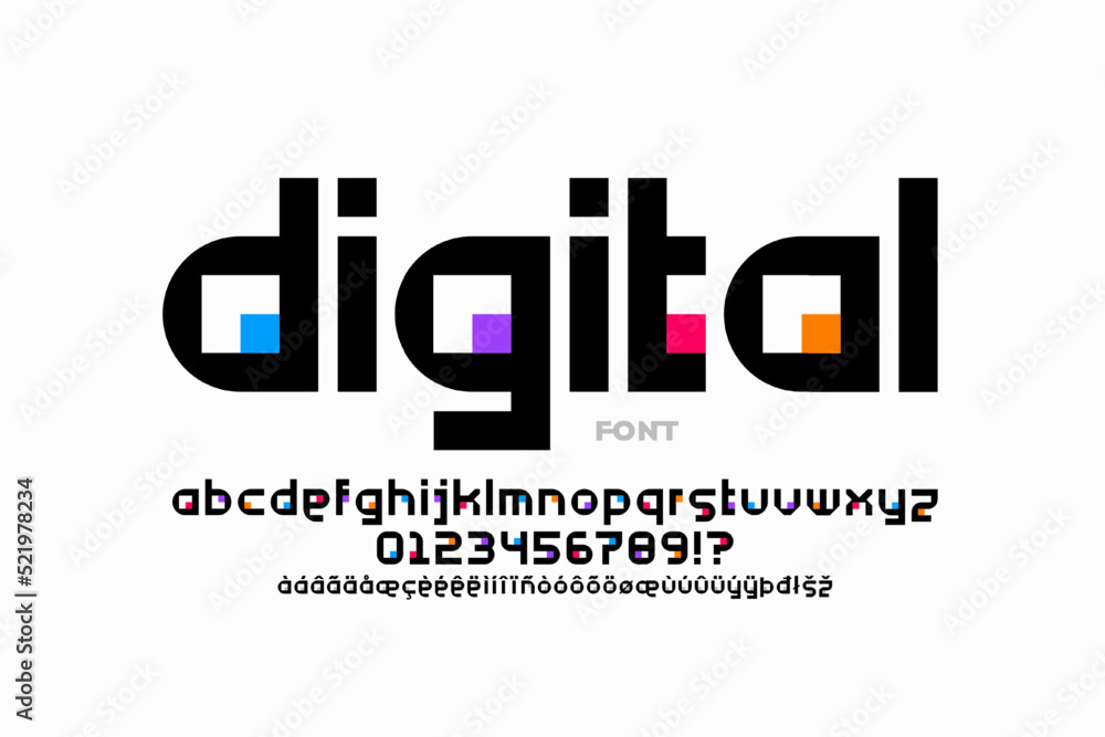 Vetor de Digital tech style font design, multilingual alphabet letters ...
