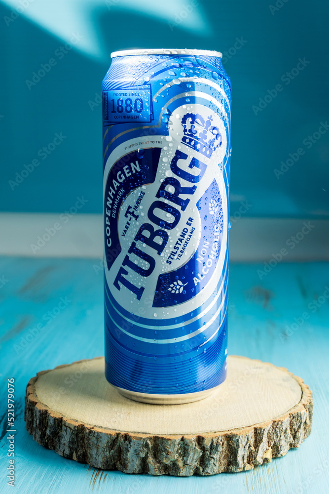 Tyumen, Russia-August 02, 2022: Tuborg beer non alcoholic can. Tuborg ...