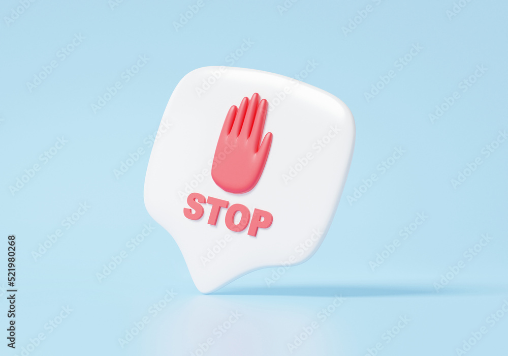 Bubble chat warning symbol icon with red hand stop text on sky blue ...