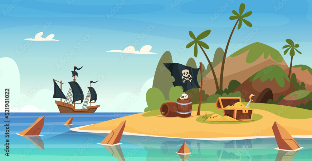 Pirate treasure background. Battleship with filibusters pirate weapons ...