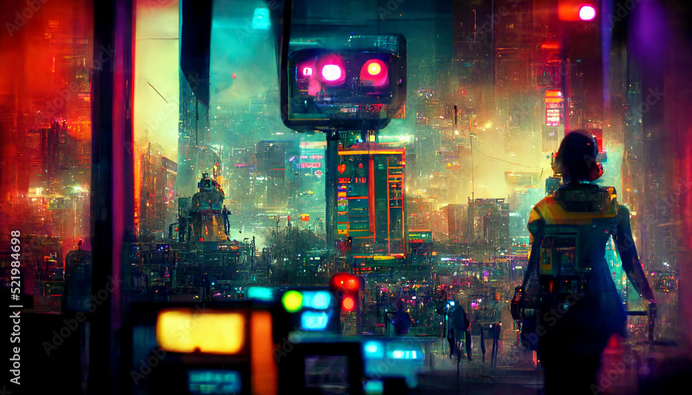 Cyberpunk smart city with futuristic robot and colorful lights ...