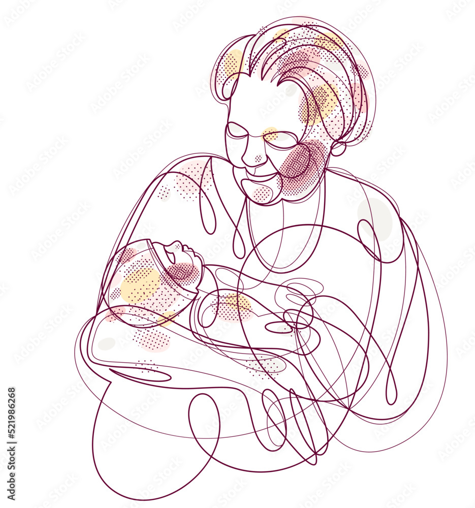 Grandmother and baby child grandson or granddaughter vector linear ...