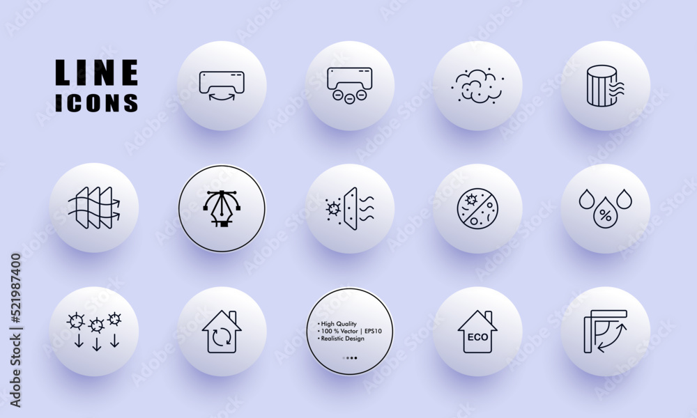 Climate control set icon. Air conditional, fresh air, cloud, dust ...