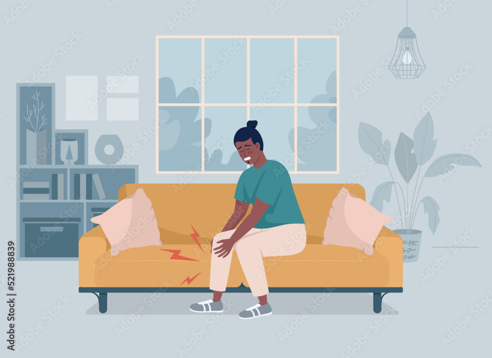 Man with pain in leg muscles at home flat color vector illustration ...