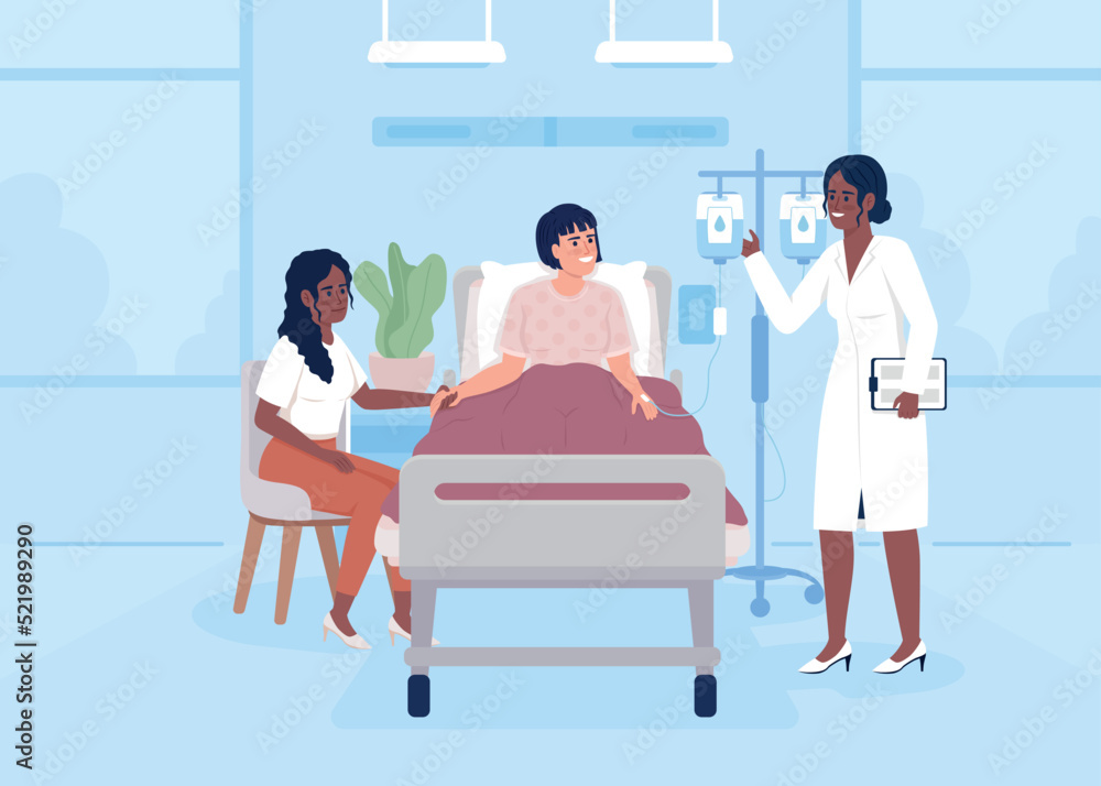 Therapist visiting sick woman in ward flat color vector illustration ...
