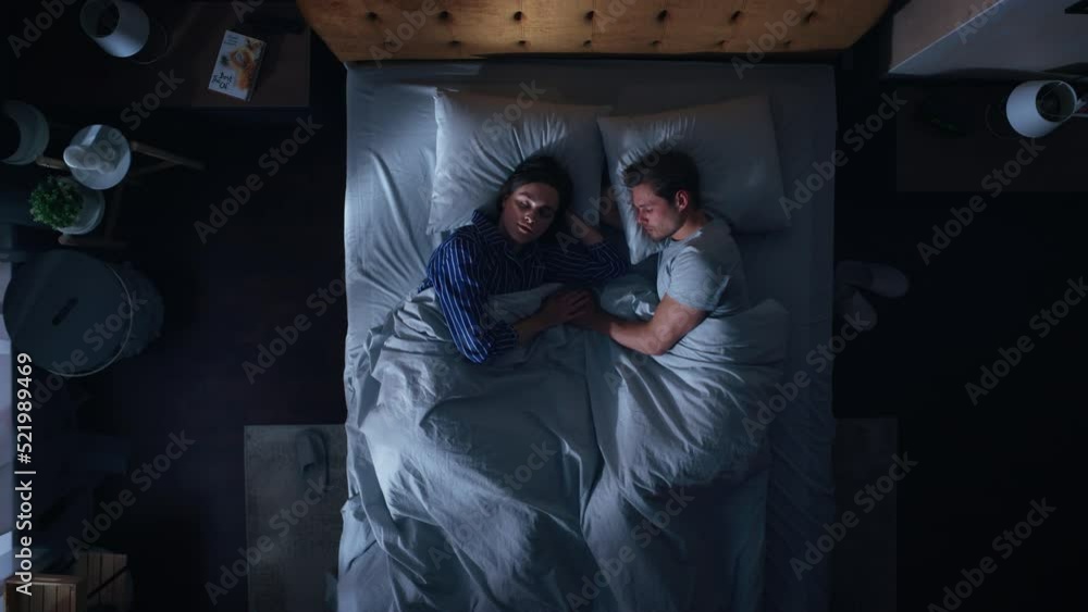 Top View Apartment: Happy Young Couple Sleeping in Bed at Night ...