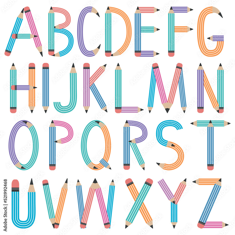 English alphabet of colored pencils, letters, color isolated vector ...