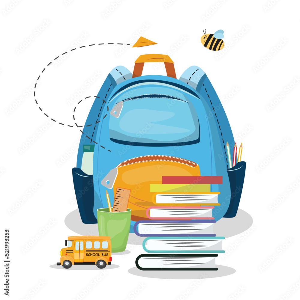 Illustration with a backpack, school-bus, books in modern flat cartoon ...