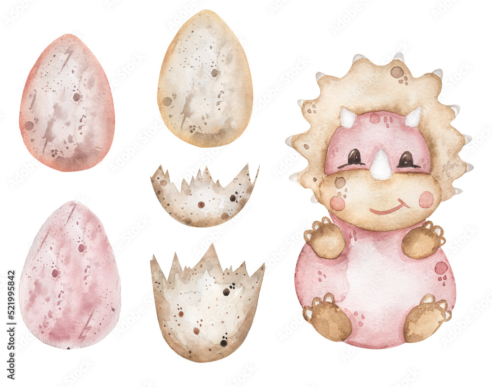 Watercolor Pink Baby Dinosaur illustration, cute animal clipart and ...