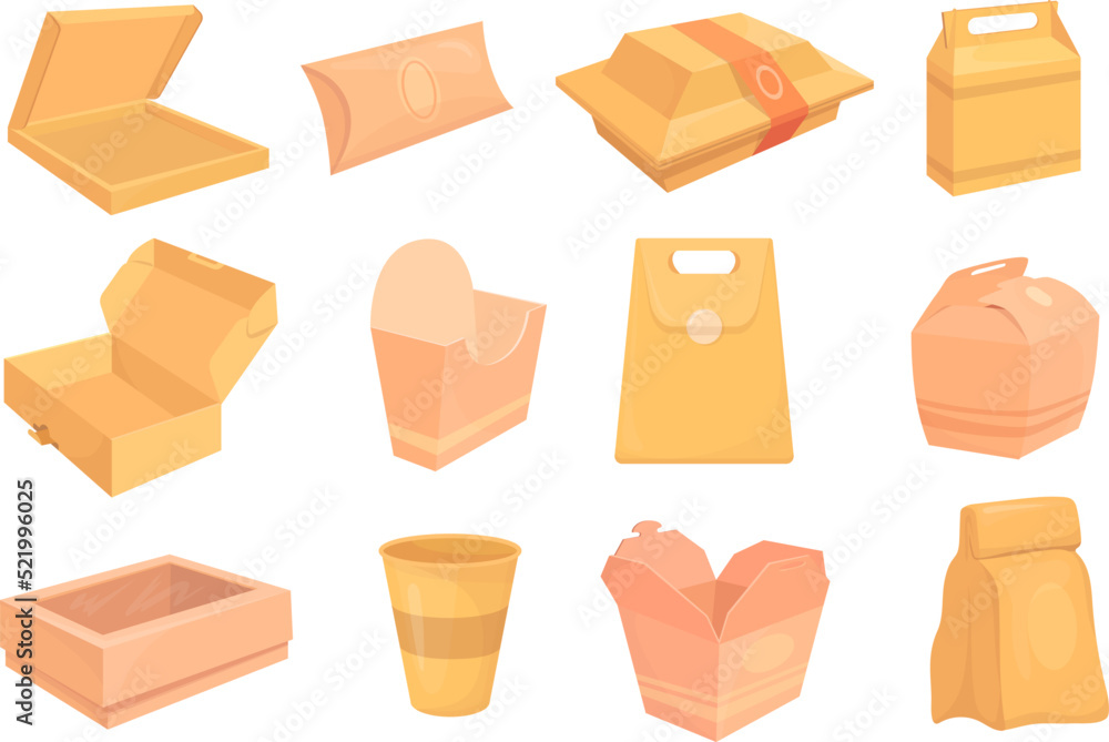 Cartoon takeaway boxes. Takeout bag disposables food box, take away ...