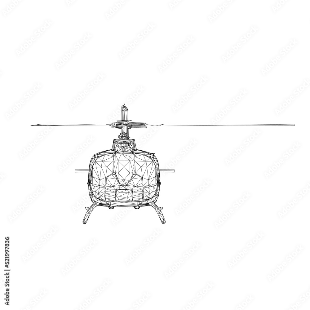 Helicopter wireframe from black lines isolated on white background. Front view. 3D. Vector ...