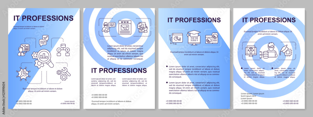 IT professions blue gradient brochure template. Programming. Leaflet design with linear icons. 4 ...