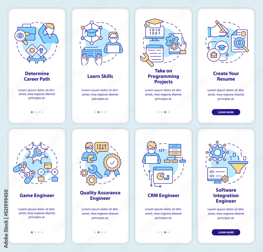 Software Developer Profession Onboarding Mobile App Screen Set Walkthrough 5 Steps Editable