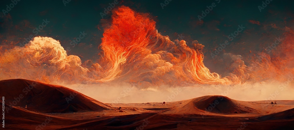 Poster Post apocalyptic burning planet, barren desert dune landscape ...