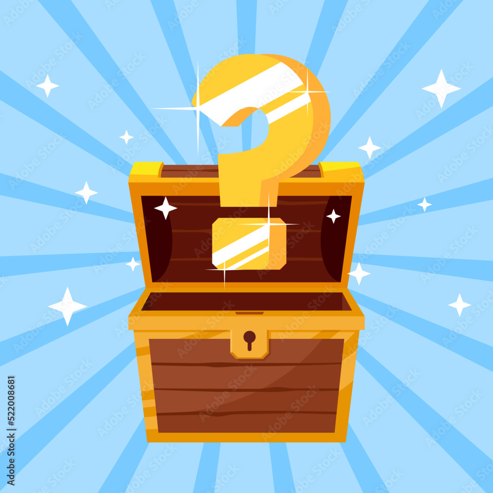 Open mystery wooden chest. Treasure on blue background. Random a secret ...