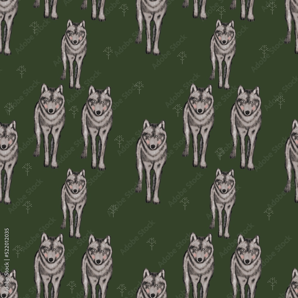 Seamless pattern with grey wolves on green background. Forest animals ...