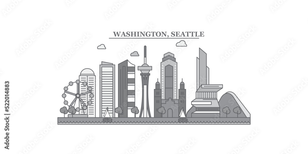 United States, Seattle city skyline isolated vector illustration, icons ...
