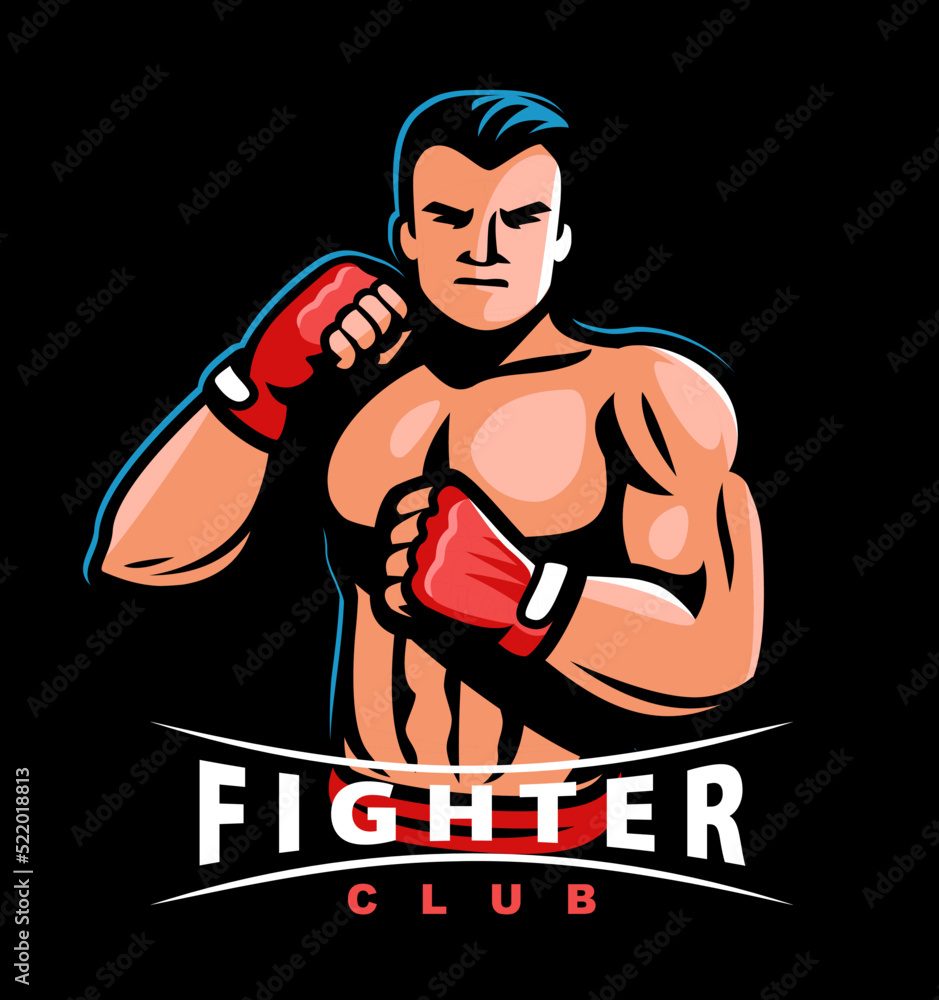 Fighter with boxing gloves sports emblem. Muscular boxer, wrestler ...