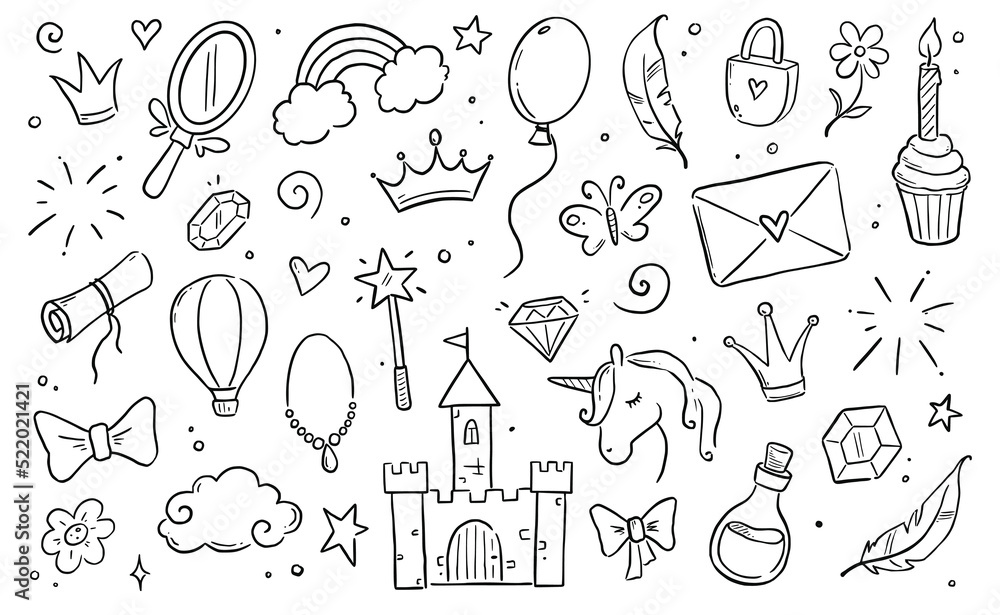 Hand drawn princess doodle set. Beauty cute girl princess accessories ...