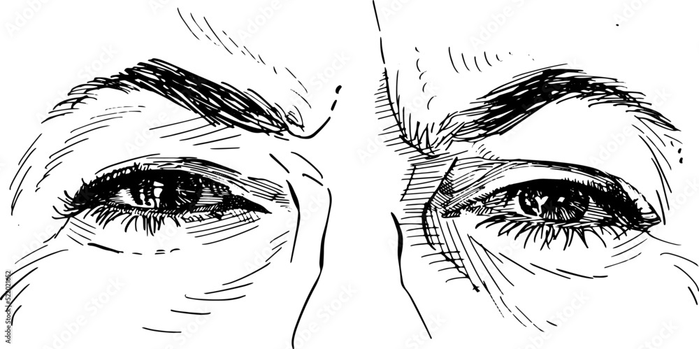 Close-up of adult woman's frowning eyes. Concept of eye language, non ...