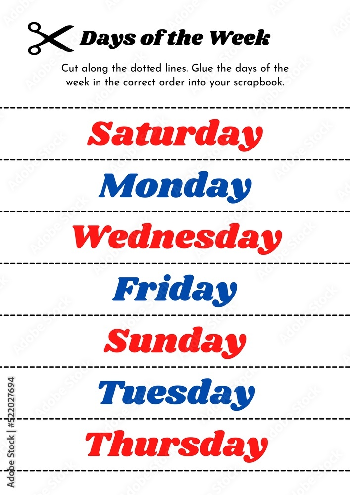 Cut and glue week names in order learning exercise for kindergarten ...