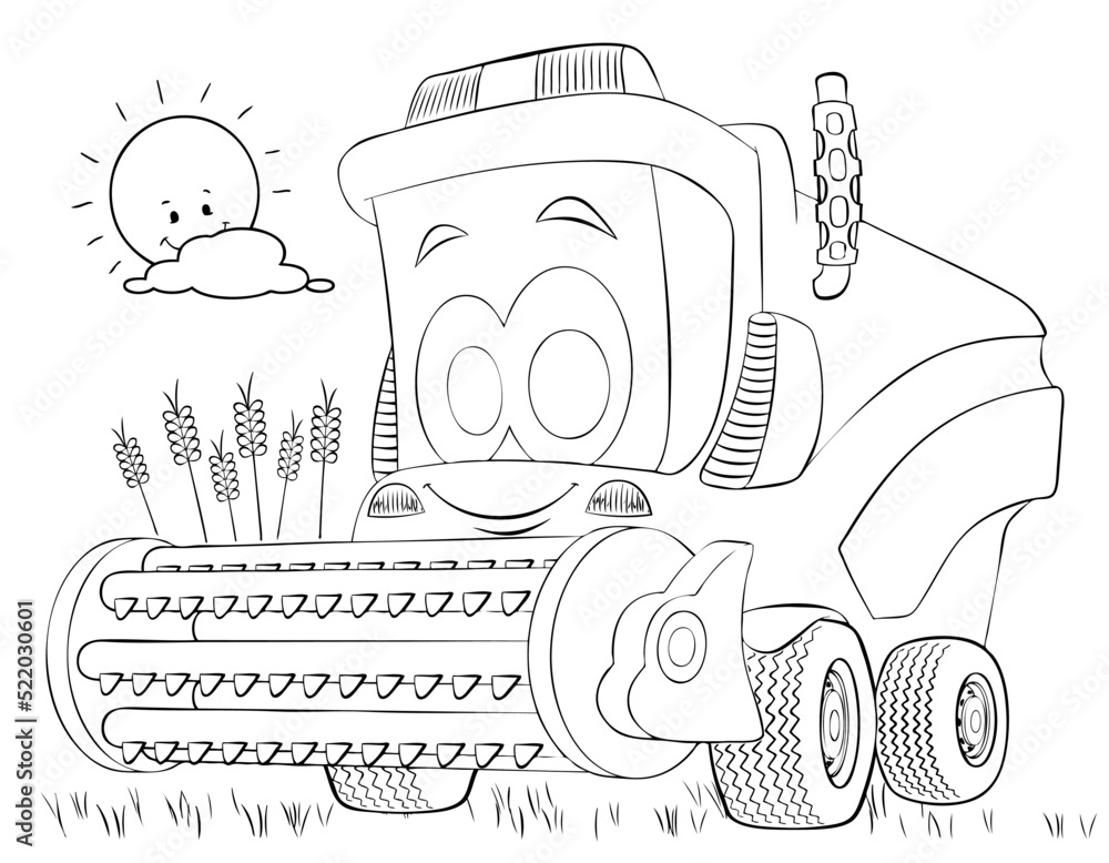 Cartoon combine harvester for coloring page. Stock Vector | Adobe Stock