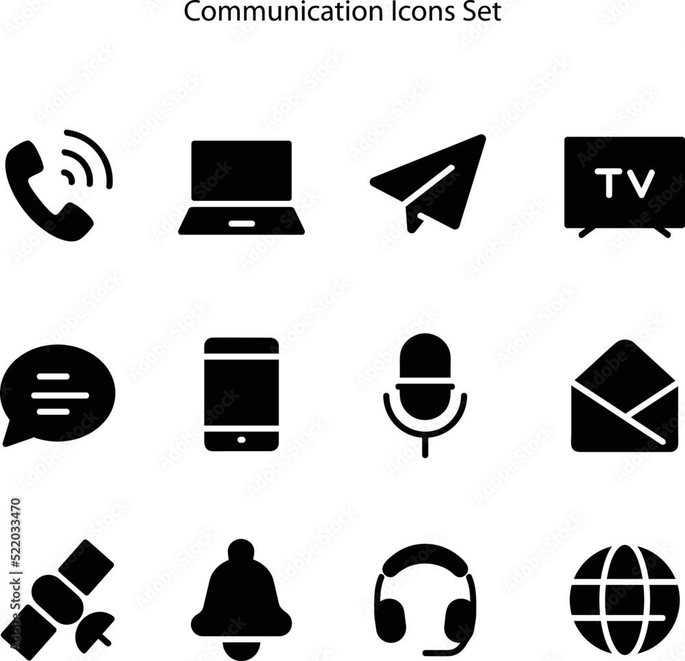 Communication icons isolated on white background with glyph style ...
