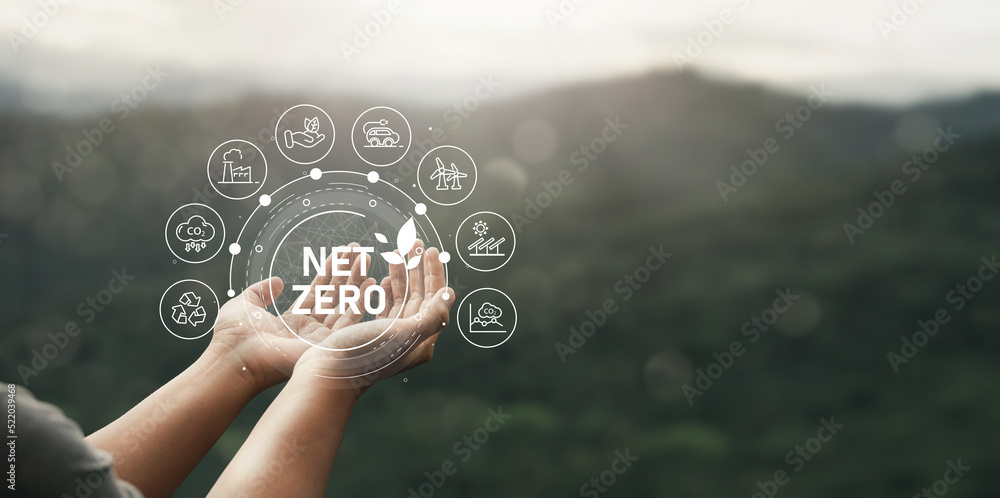 Net Zero icon in hand, carbon neutral and net zero concept. Carbon for ...