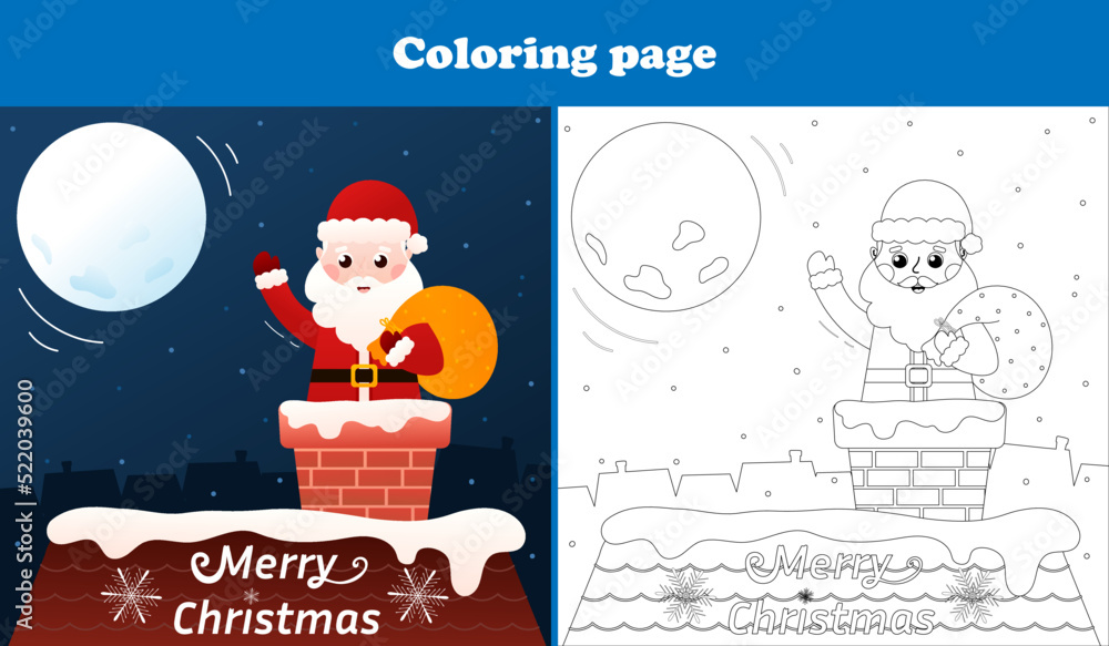 Santa Claus is coming down the chimney coloring page for christmas ...