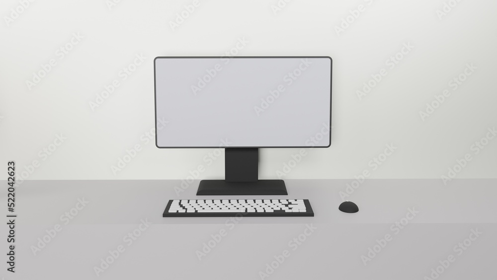 Modern computer monitor with keyboard and mouse in black color on white ...