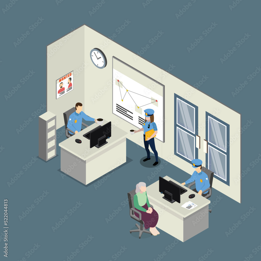 Police officers working in police station office interior isometric 3d ...
