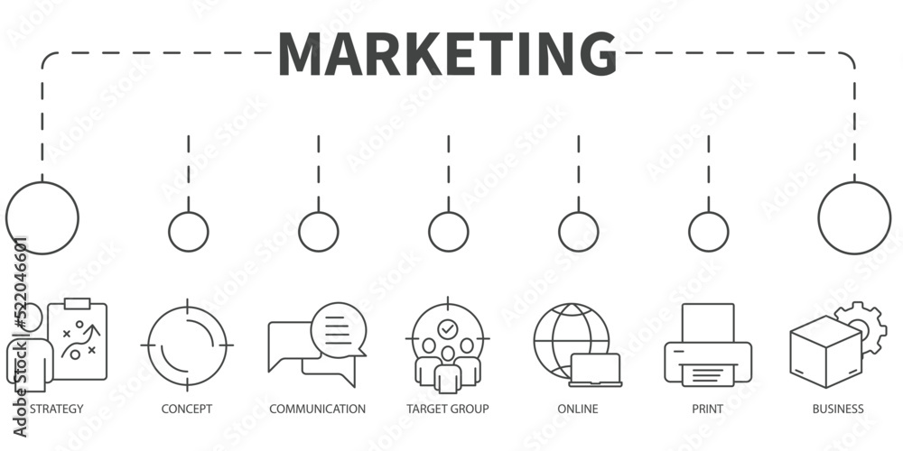 marketing Vector Illustration concept. Banner with icons and keywords ...