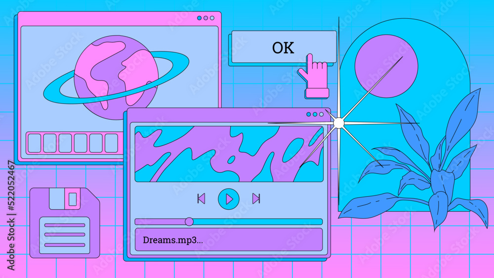 Vetor de Vaporwave retro desktop with user interface elements. Modern ...