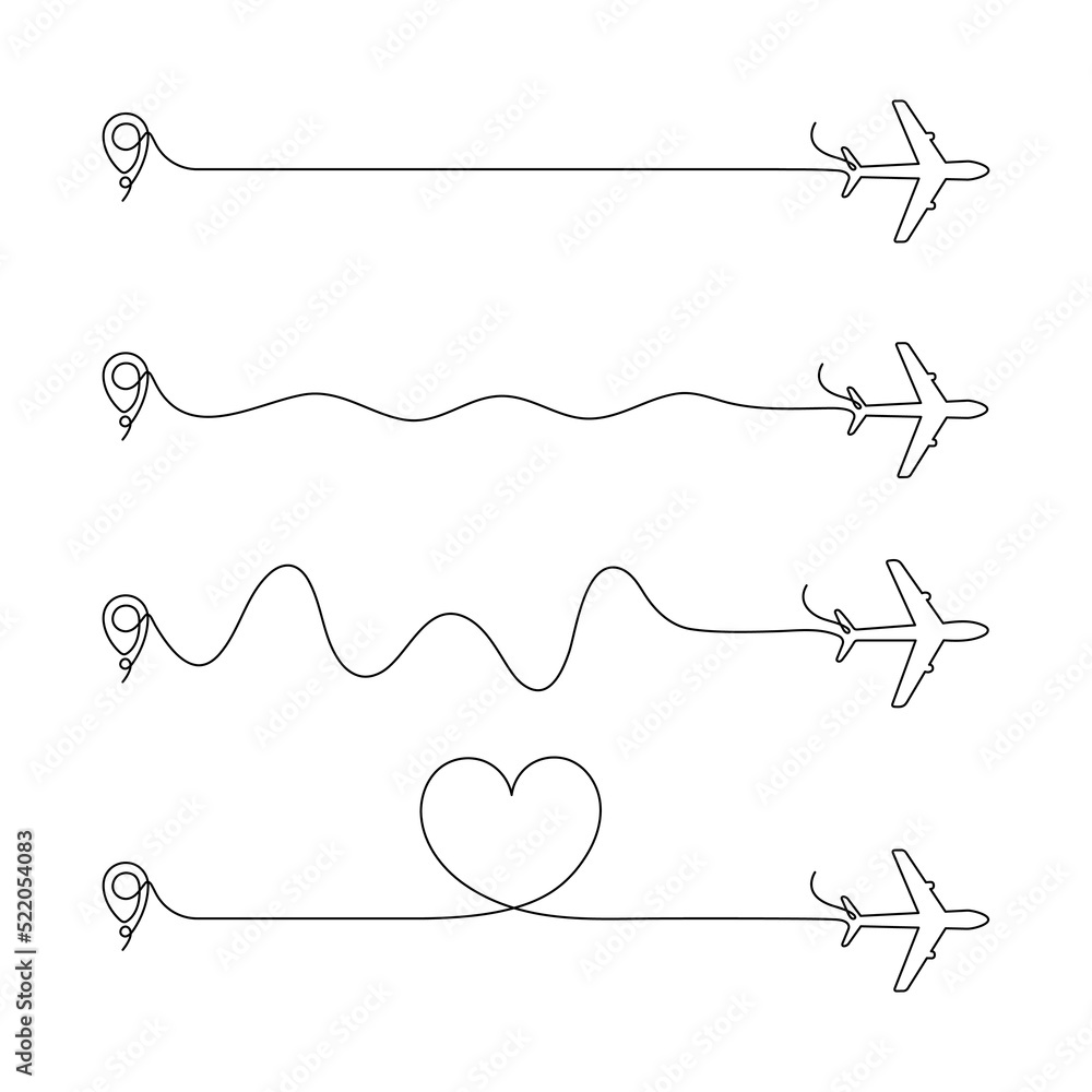 Airplane continuous line drawing with map pin pointer set. Airplane ...