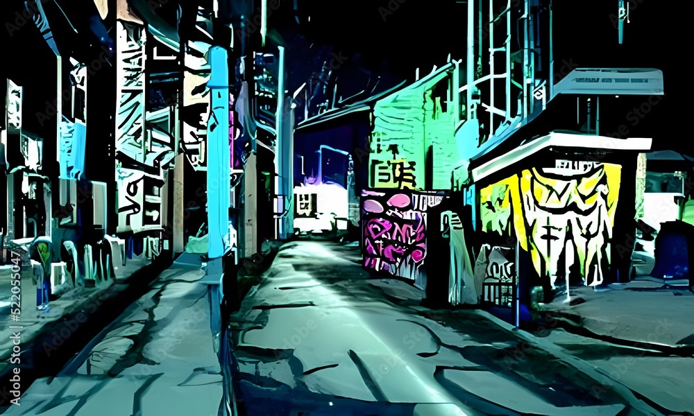 Neon graffiti city street alley way at night - cyberpunk sci-fi digital ...