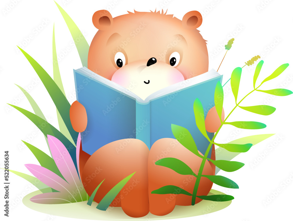 Cute baby teddy bear reading a book in nature , education and study ...