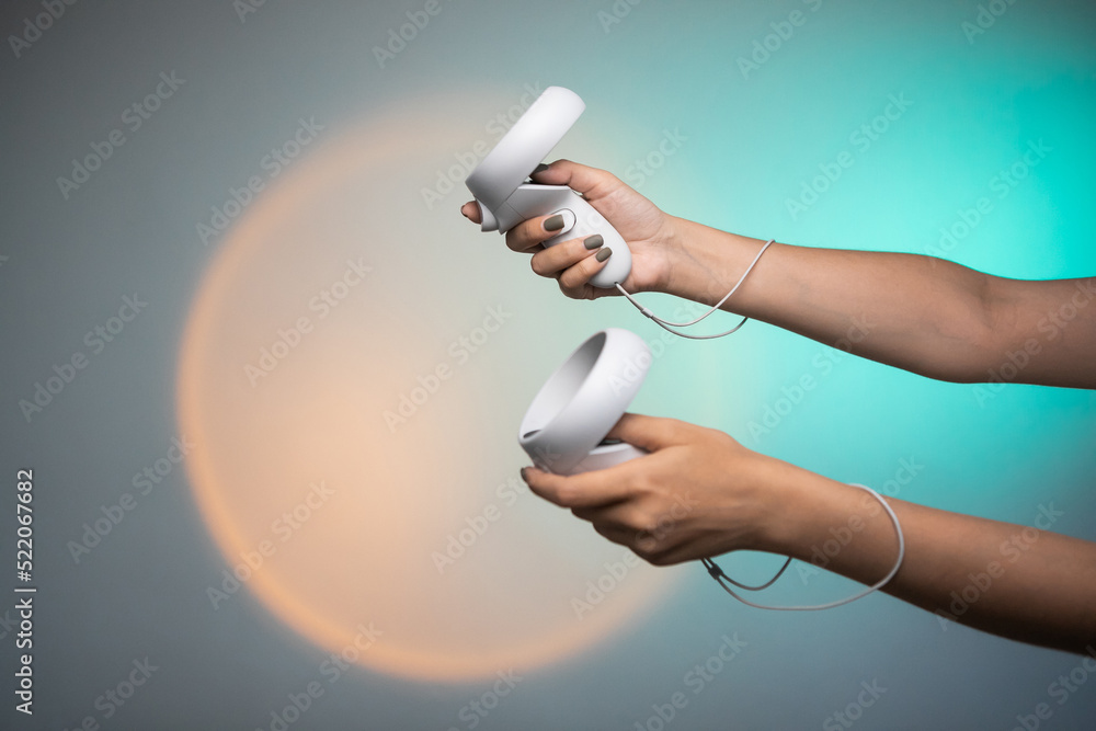 hands holds vr remote controller, Wireless joystick for next generation ...