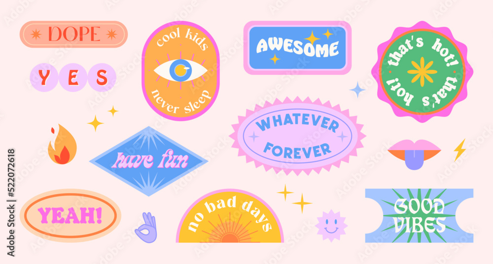 Vector set of cute funny patches and stickers in 90s style.Modern icons ...
