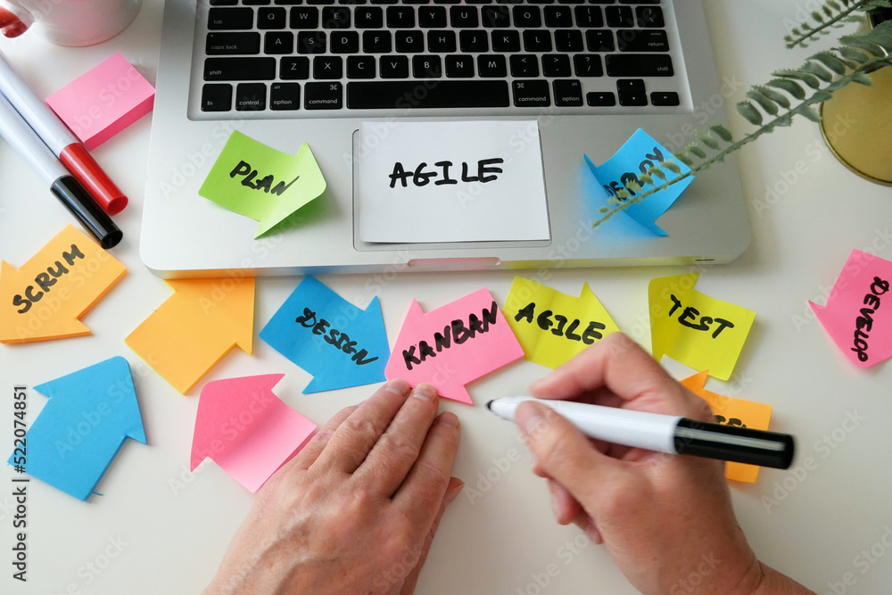 laptop and agile tickets around, project or product management, agile ...