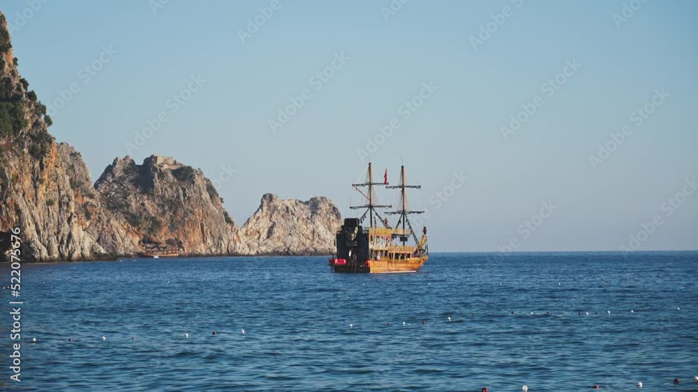 Beautiful pirate ship at the coast in Alanya, Turkey. Pirate ship on ...