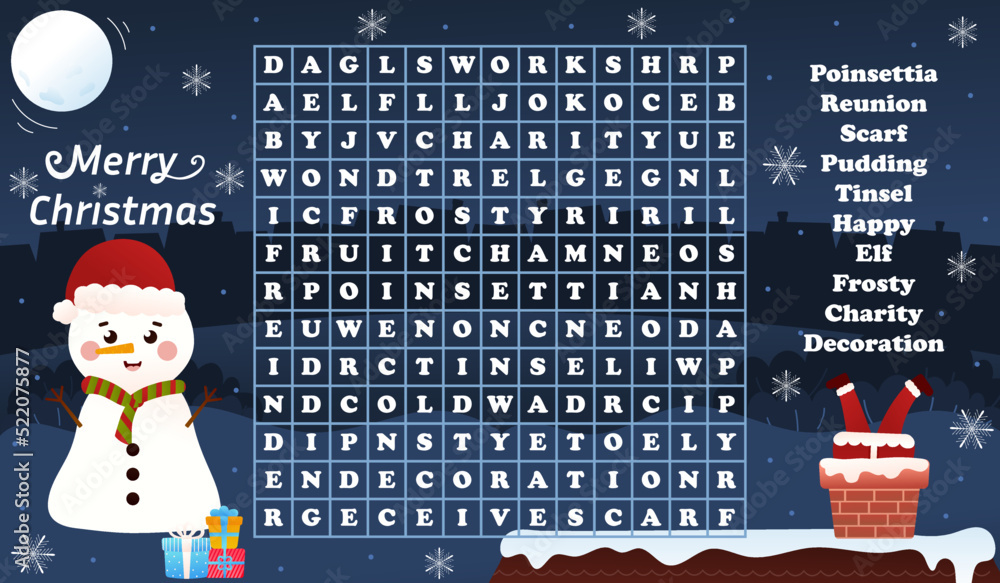 Christmas worksheet with word search game with santa claus in chimney ...
