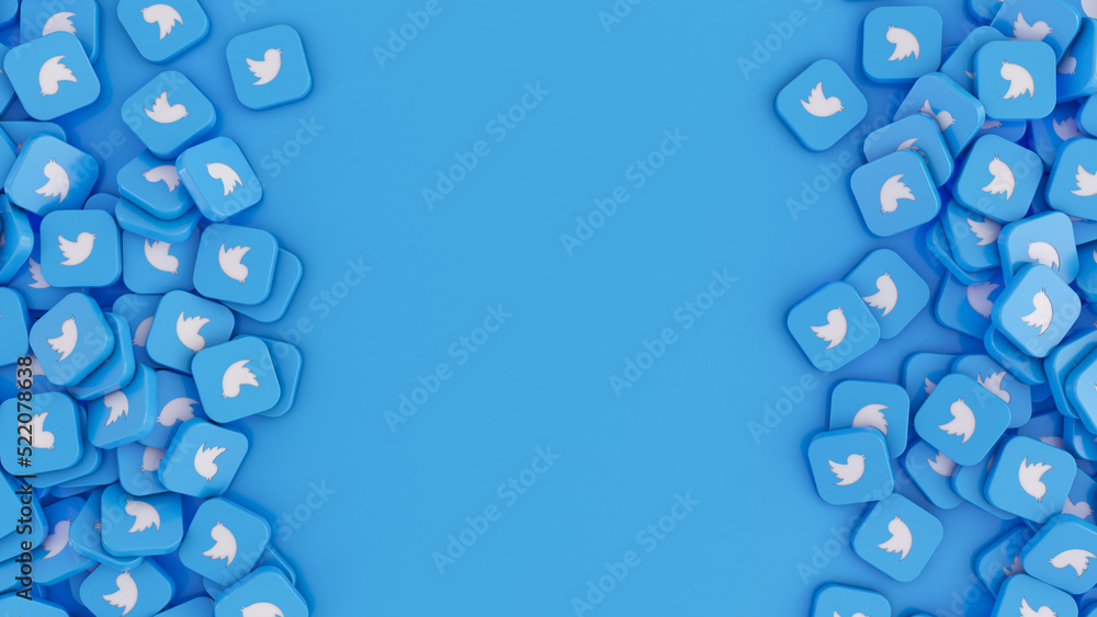 3D rendering a bunch of twitter square badges over horizontal light ...