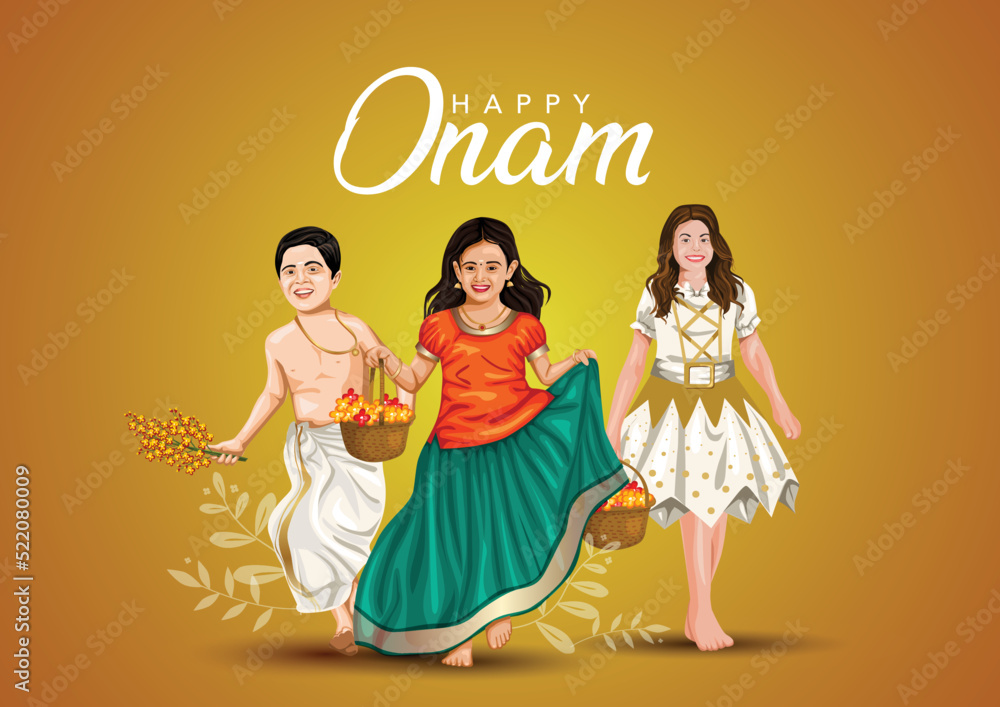 happy Onam celebration with vector illustration design of Kerala girl and boy running with ...