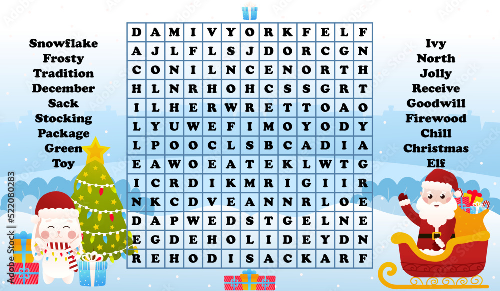 Christmas worksheet with word search game with santa claus and bunny ...