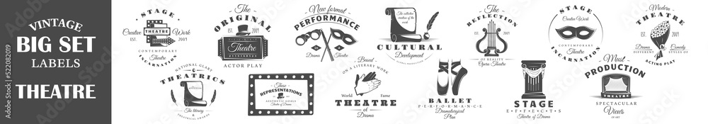 Set of theatre labels. Collection of theatre symbols: stage, mask ...