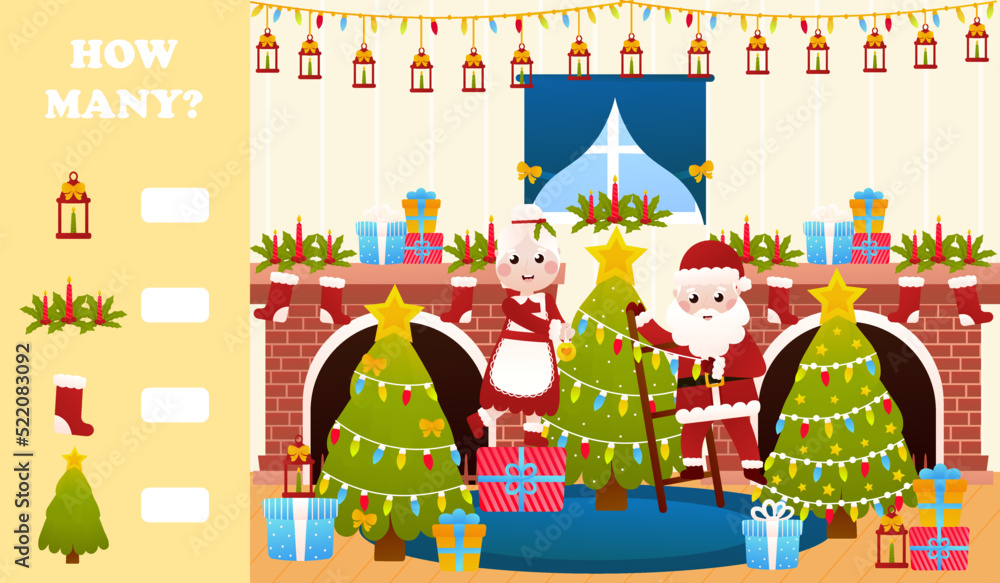 Christmas riddle for kids with santa claus and mrs claus decorating ...
