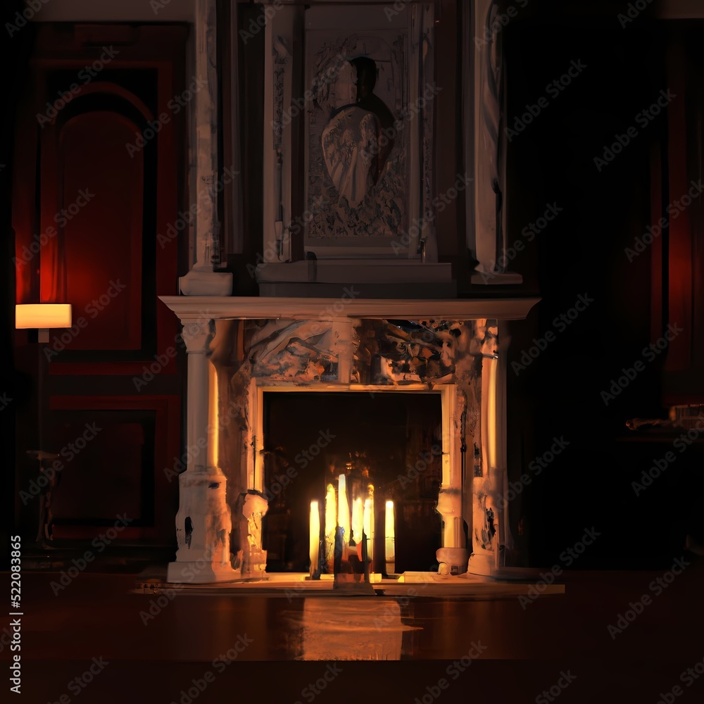 Gothic manor fireplace in darkness Stock Illustration | Adobe Stock